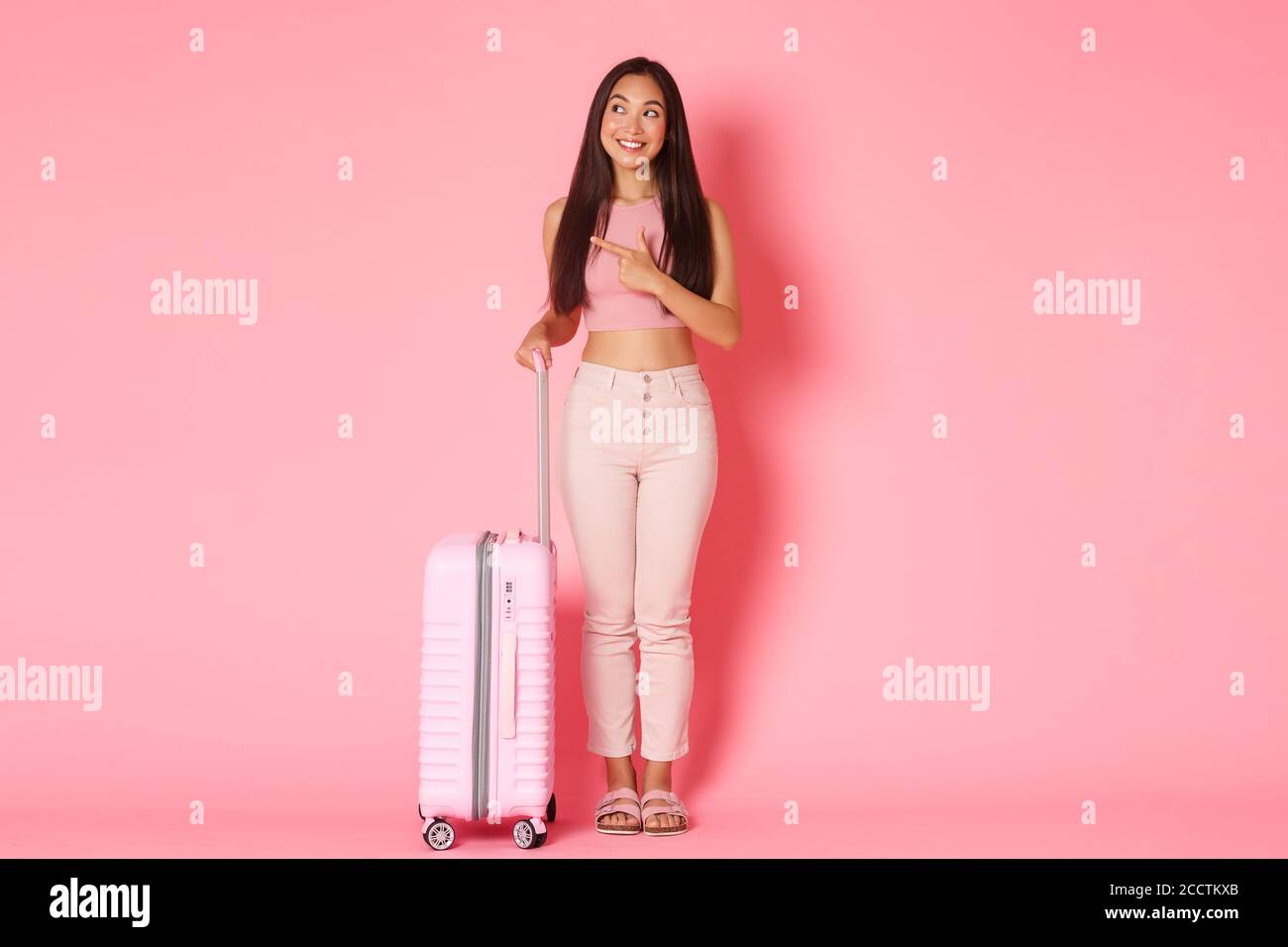 Travelling, holidays and vacation concept. Full-length of dreamy ...