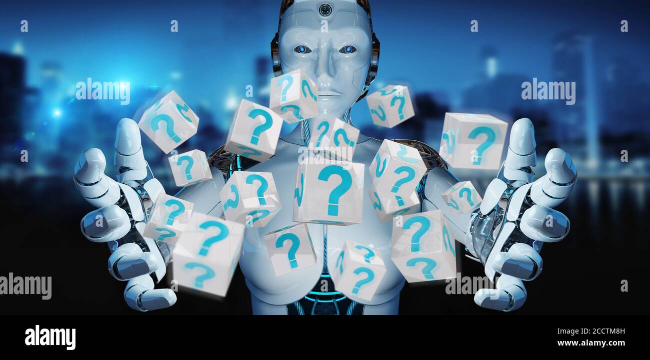 White robot on blurred background using digital question marks 3D ...