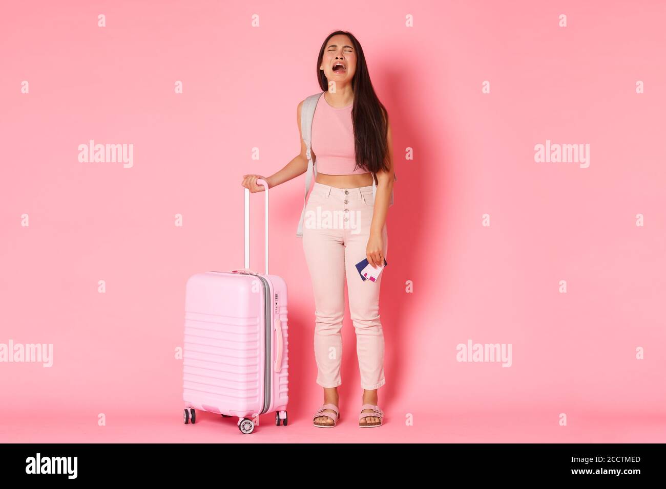 Travelling, holidays and vacation concept. Full-length of crying, sad ...