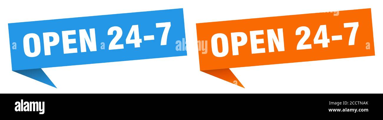 open 24 7 banner sign. open 24 7 speech bubble label set Stock Vector ...