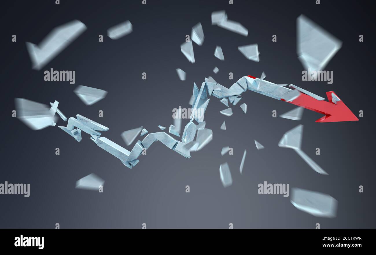 Broken crisis arrow on grey background 3D rendering Stock Photo - Alamy