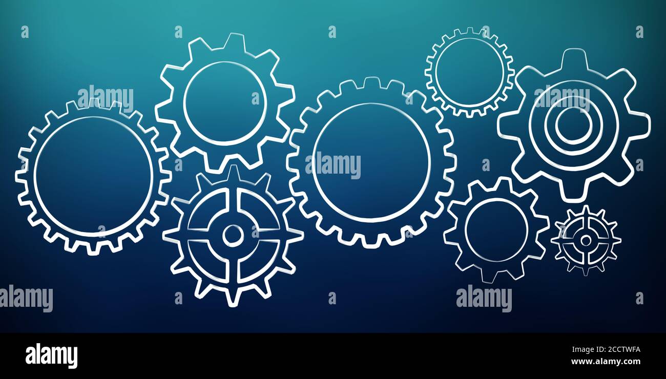 Hand-drawn gears sketch on blue background Stock Photo - Alamy