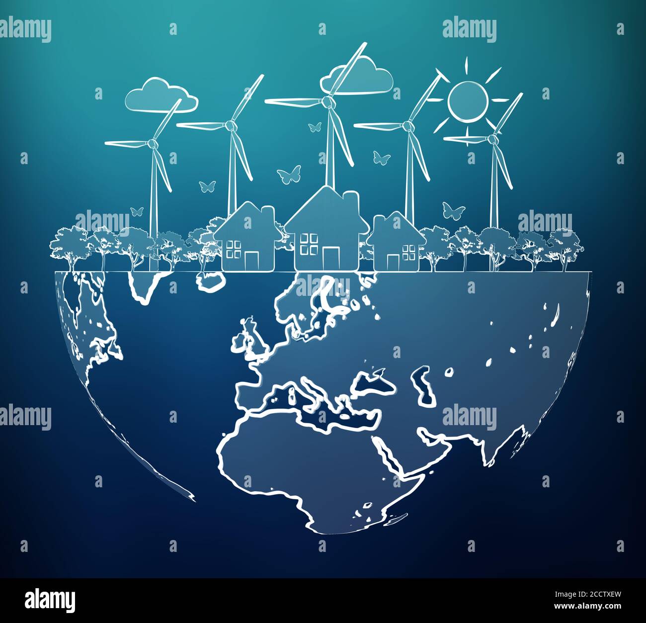 Hand-drawn renewable energy sketch on blue background Stock Photo - Alamy