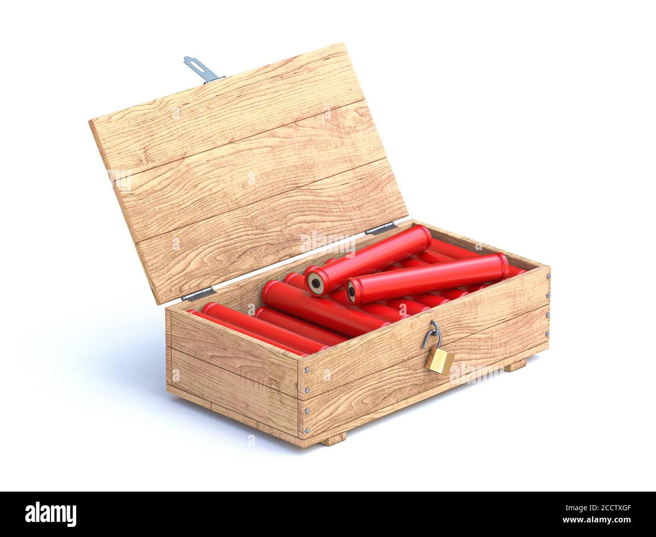 Dynamite in opened wooden box 3D render illustration isolated on white ...