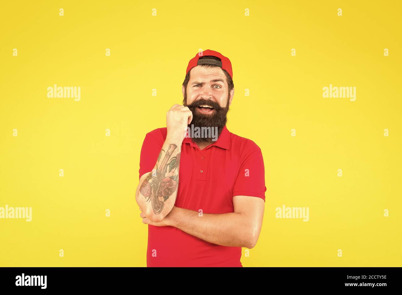 Restaurant cafe staff wanted. Man bearded tattooed hipster wear cap ...
