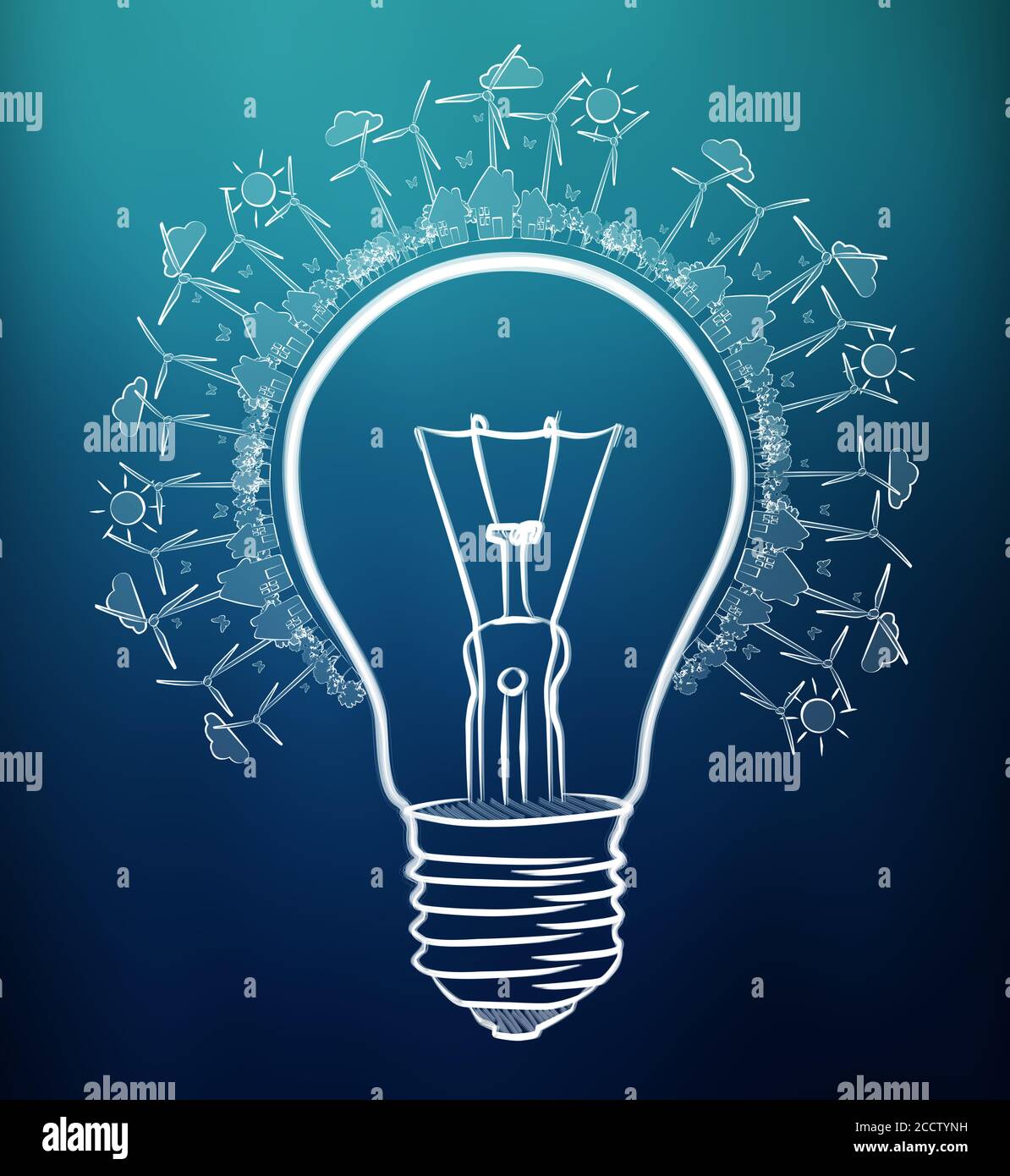 Hand-drawn renewable energy lightbulb sketch on blue background Stock ...