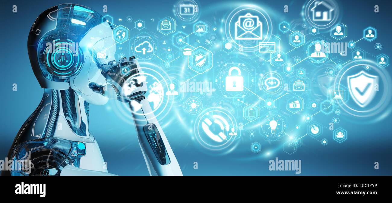 White man robot on blurred background using cyber security data ...