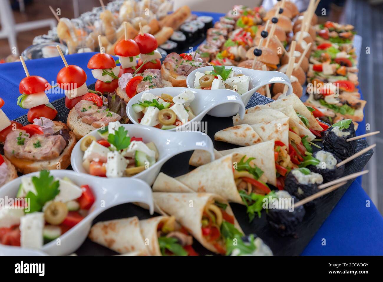 types of canapes and small snacks for cocktails, note shallow depth of ...