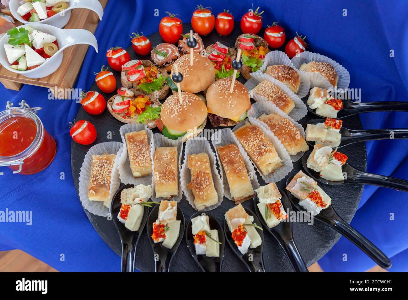 types of canapes and small snacks for cocktails, note shallow depth of ...