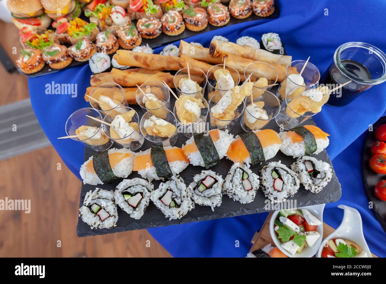 types of canapes and small snacks for cocktails, note shallow depth of ...