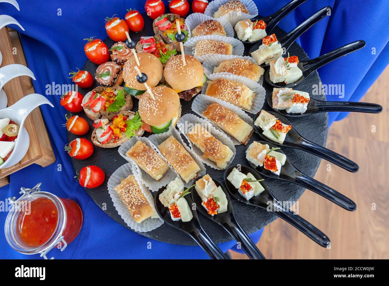 types of canapes and small snacks for cocktails, note shallow depth of ...
