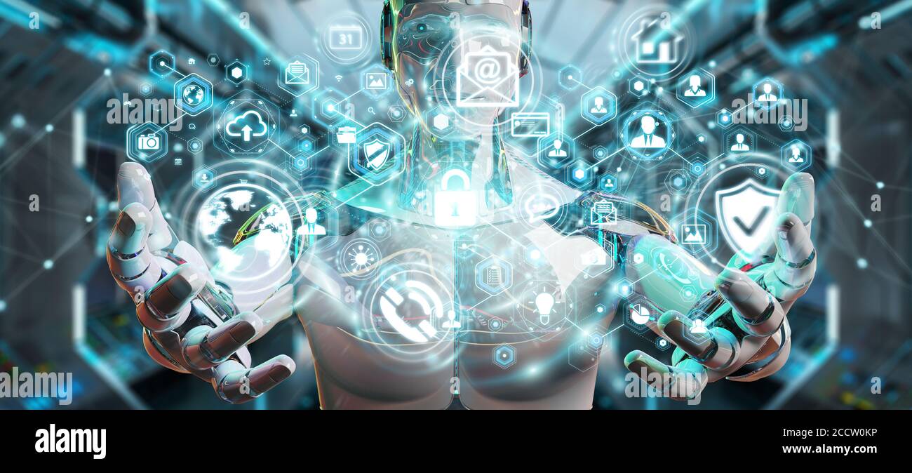 White man robot on blurred background using cyber security data ...