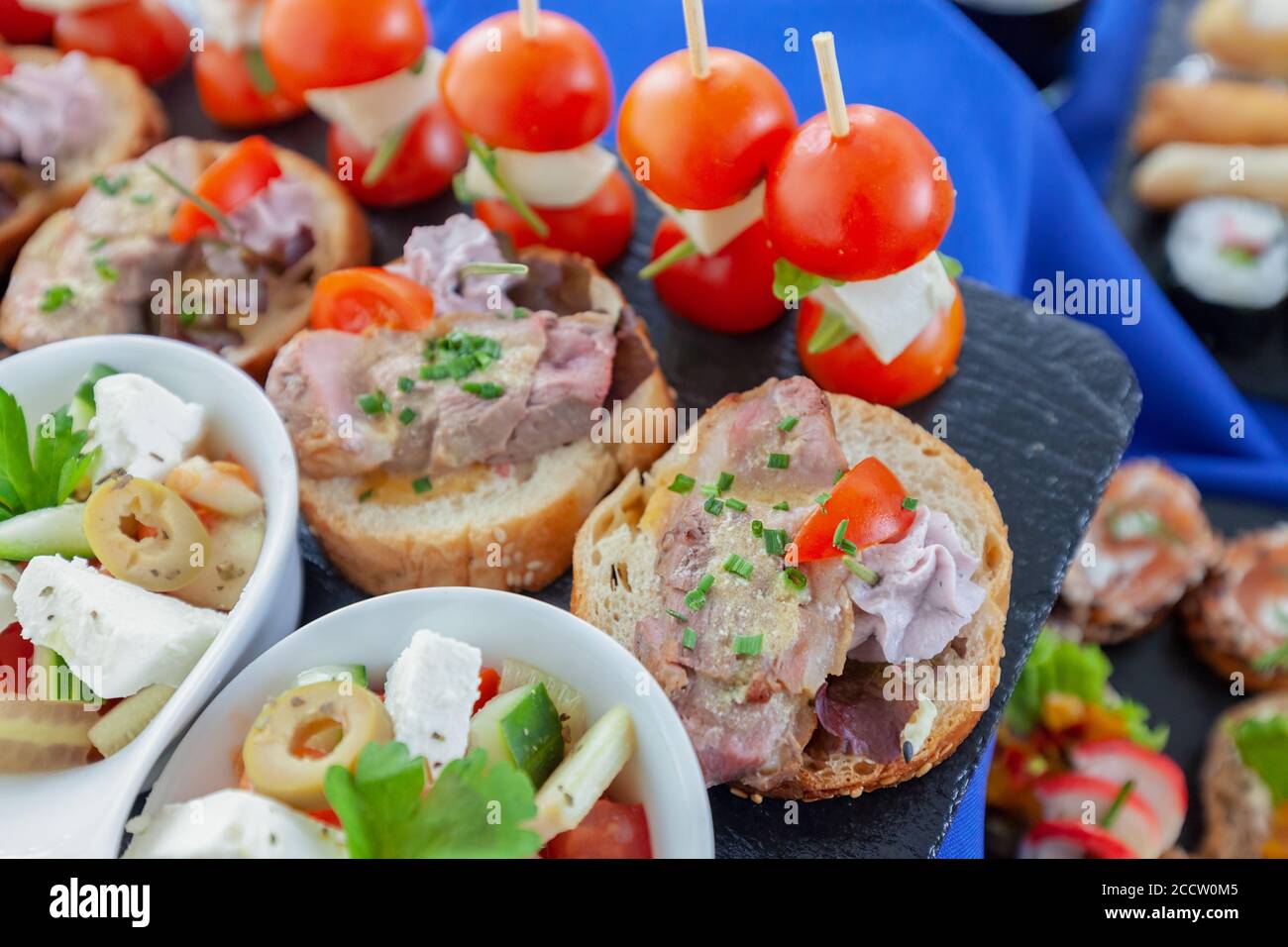 types of canapes and small snacks for cocktails, note shallow depth of ...