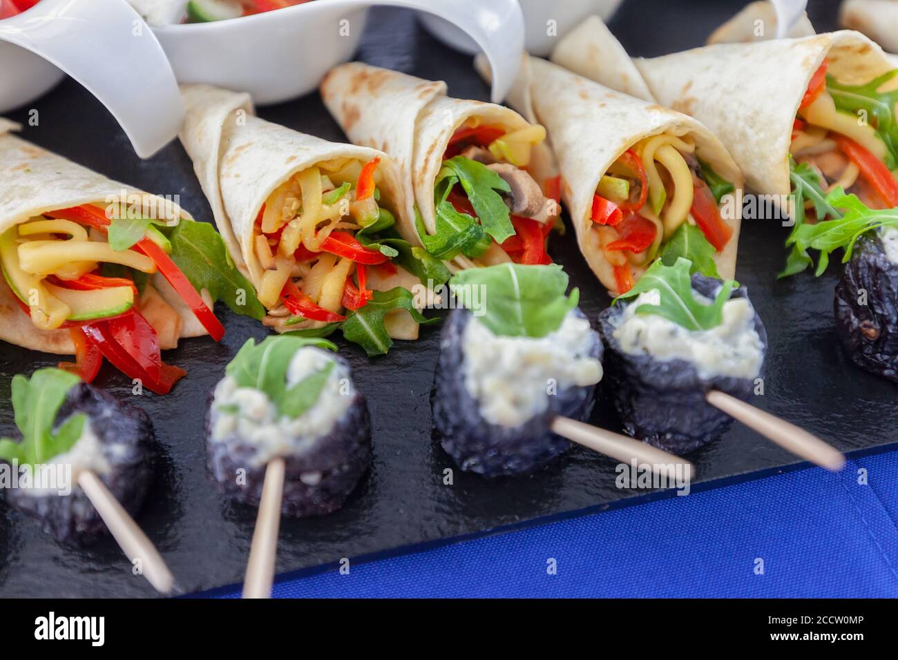types of canapes and small snacks for cocktails, note shallow depth of ...