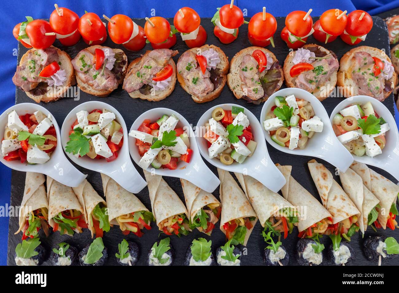 types of canapes and small snacks for cocktails, note shallow depth of ...