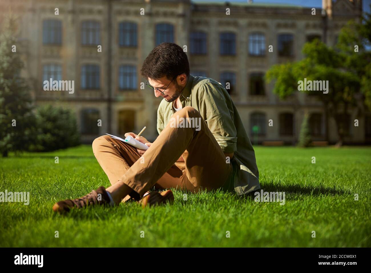 Joyous concentrated male student doing his homework Stock Photo - Alamy