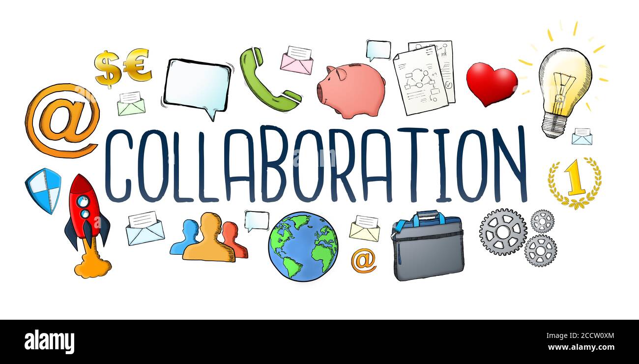 Hand-drawn collaboration text with icons on white background Stock ...