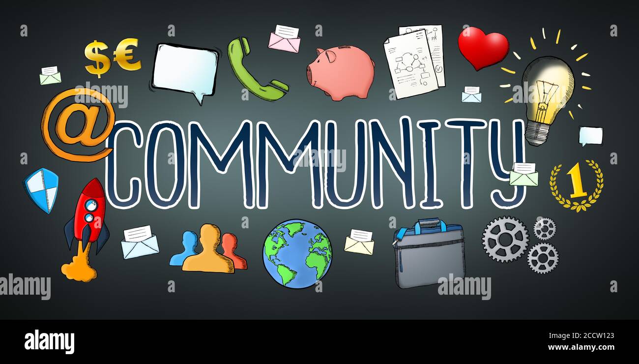 Hand-drawn community text with icons on dark background Stock Photo - Alamy