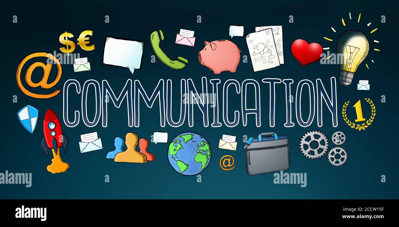 Hand-drawn communication text with icons on dark background Stock Photo ...