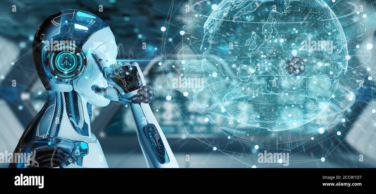 White man cyborg on blurred background using planet Earth interface 3D ...