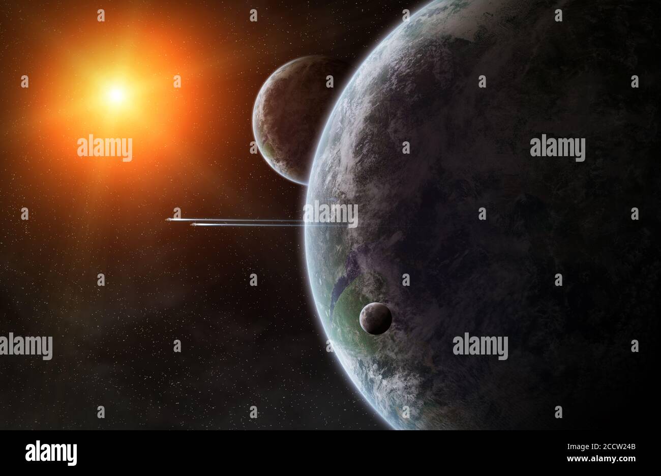 View of a sunrise on a distant planet system in space Stock Photo - Alamy