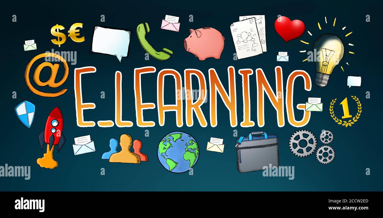 Hand-drawn e-learning text with icons on dark background Stock Photo - Alamy