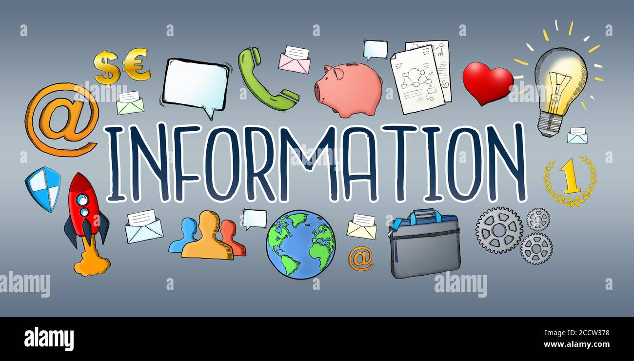 Hand-drawn information text with icons on grey background Stock Photo ...