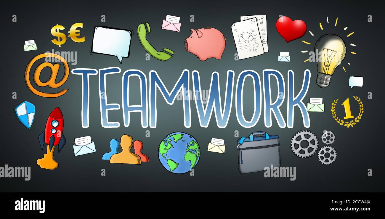 Hand-drawn teamwork text with icons on dark background Stock Photo - Alamy