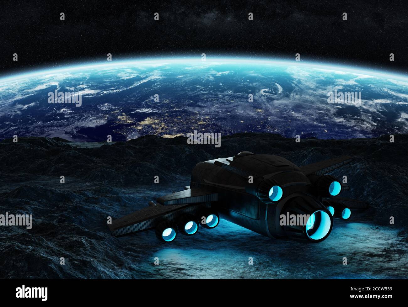Astronauts exploring an asteroid with a futuristic spaceship 3D rendering elements of this image ...