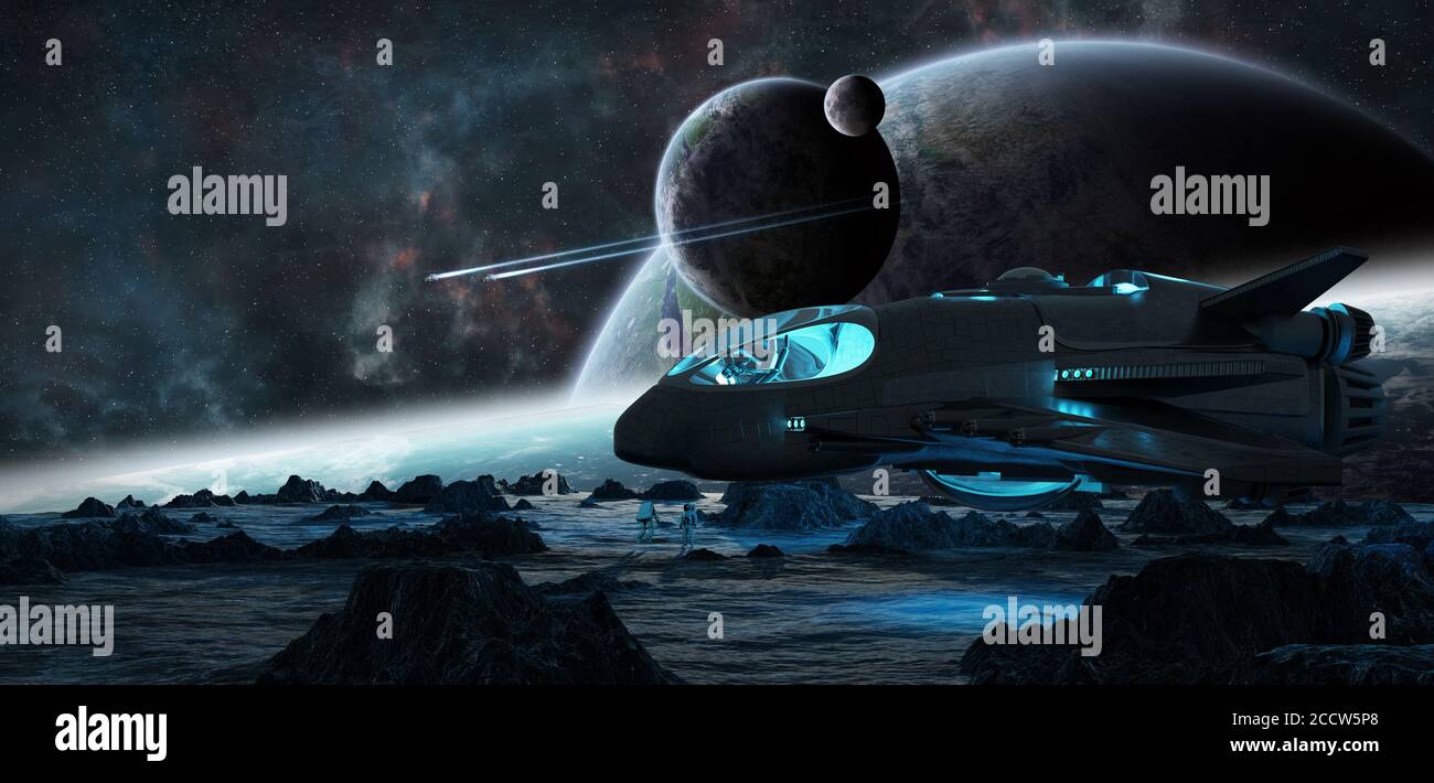 Astronauts exploring an asteroid with a futuristic spaceship 3D rendering elements of this image ...