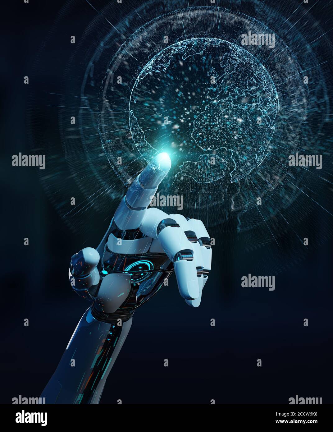 White cyborg hand on blurred background using planet Earth interface 3D ...