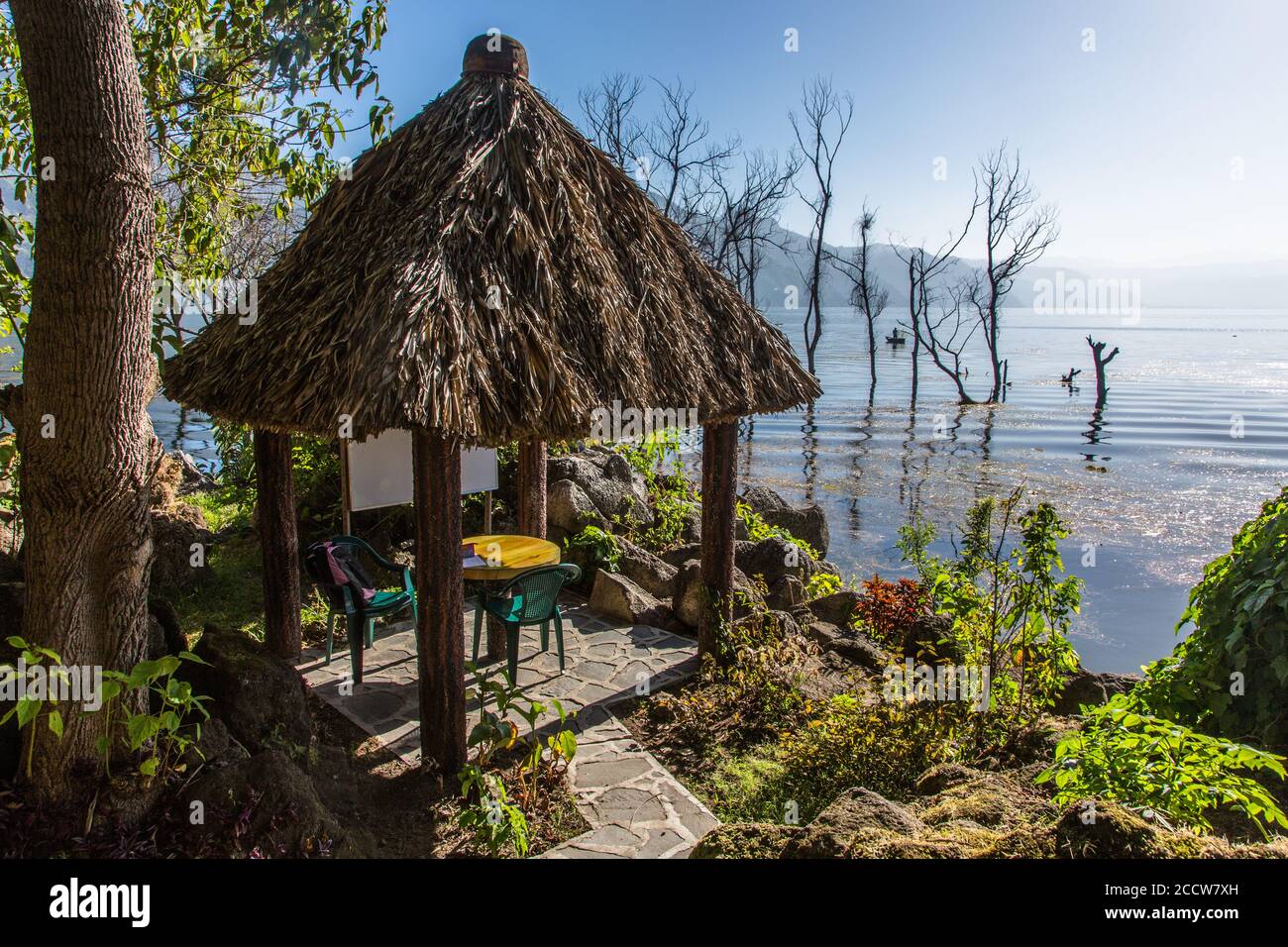 A thatched-roofed open classroom of a Spanish language school on the ...