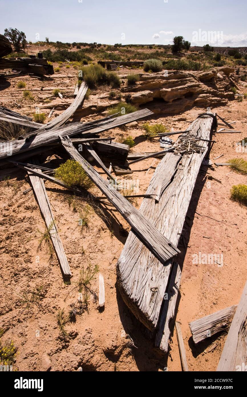 Large wooden walking beam in the wreckage of a 1920's era oil well near ...