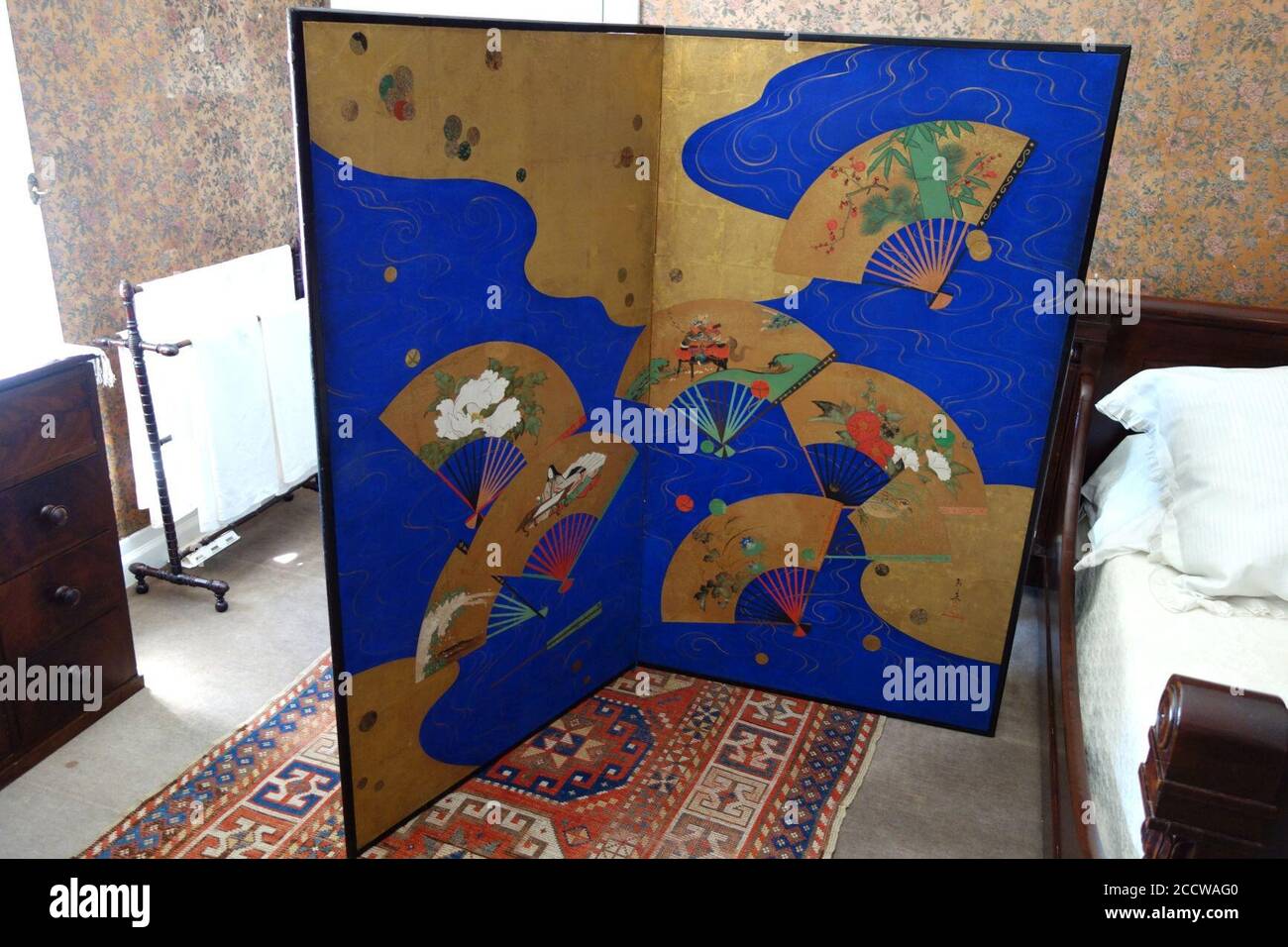 Japanese screen with fans on blue background - Longfellow National ...
