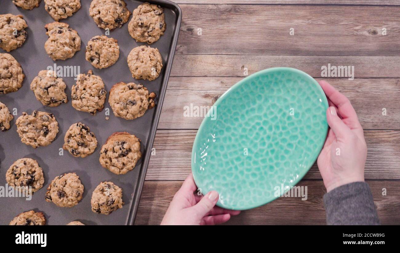 Flat lay. Step by step. Freshly baked chewy oatmeal raising cookies ...