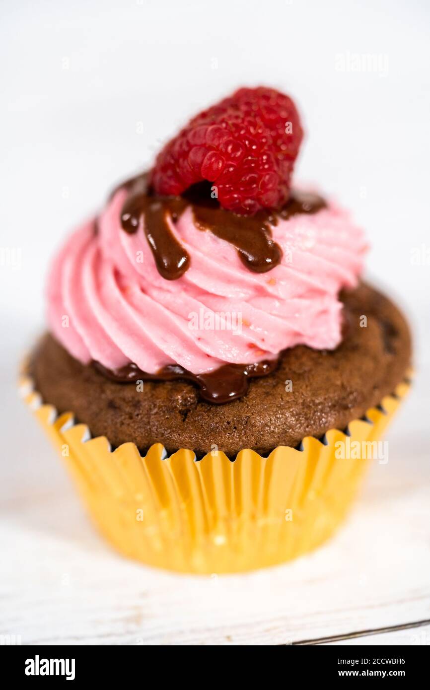 Gourmet chocolate raspberry cupcakes drizzled with chocolate ganache ...