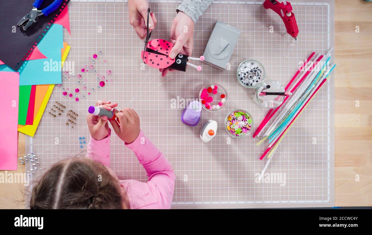 Flat lay. Kids papercraft. Making paper bugs out of the empty toilet ...