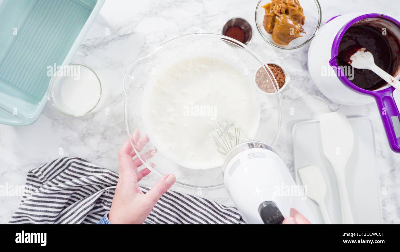 Flat lay. Step by step. Preparing homemade chocolate ice cream in a ...