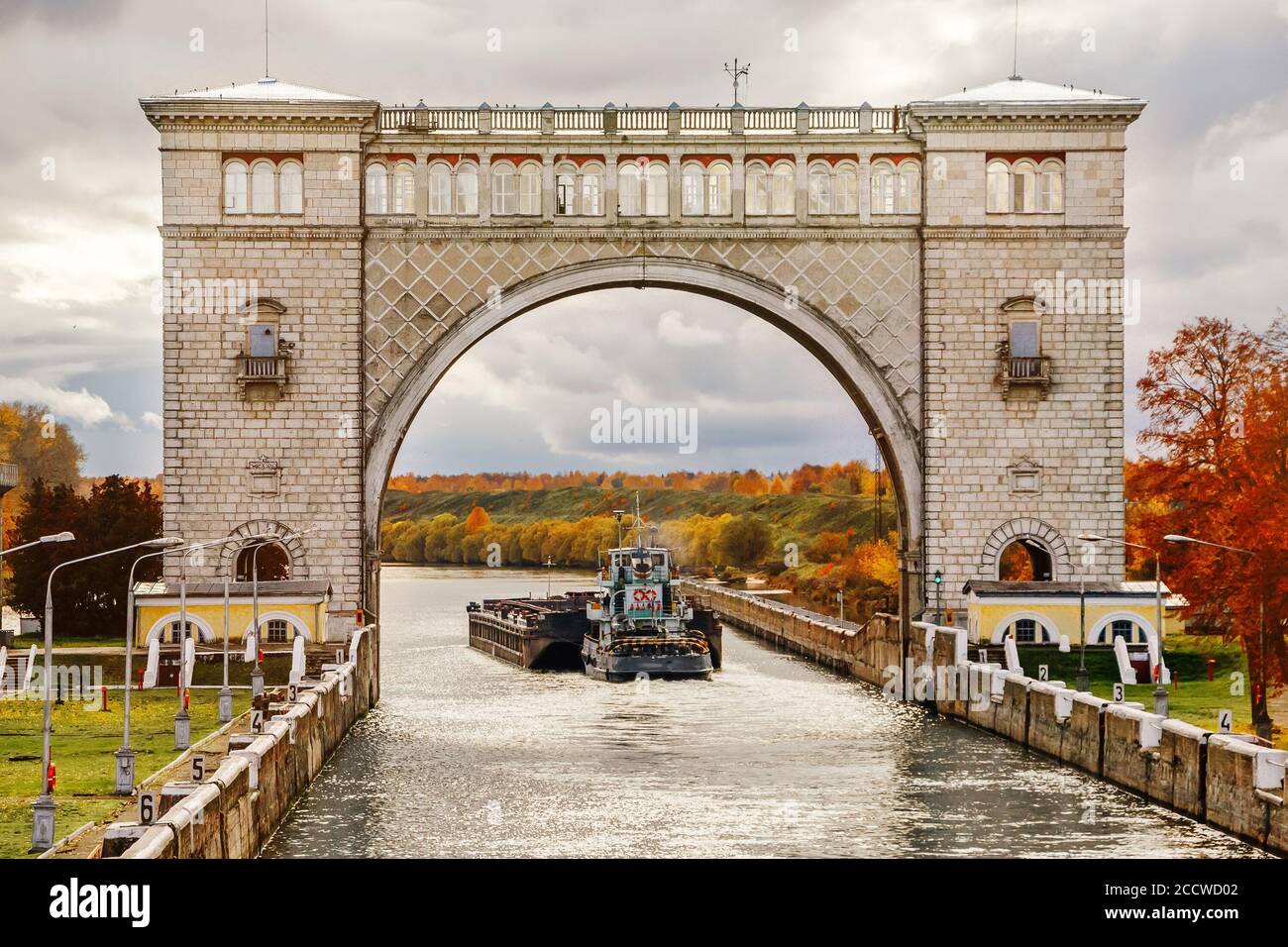 View of the shipping channel on the river. The ship enters the gateway ...