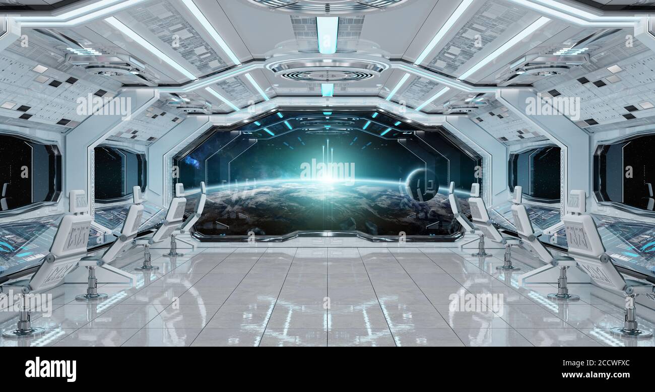 White clean spaceship interior with view on planet Earth 3D rendering elements of this image ...