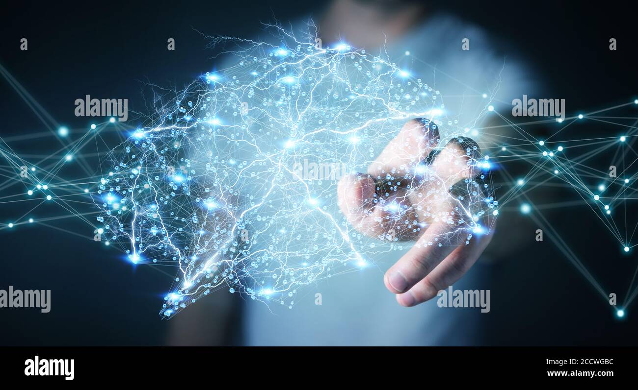 Businessman using digital x-ray human brain interface with cell and ...