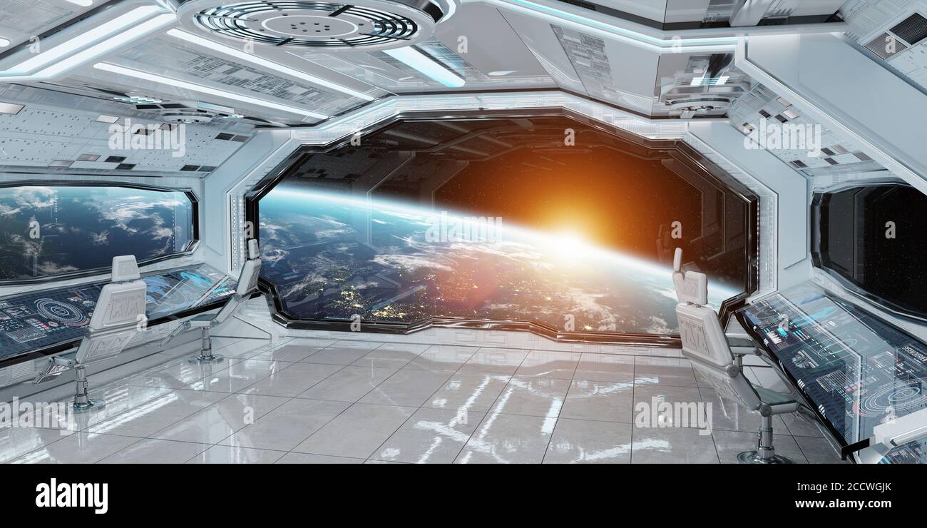 White clean spaceship interior with view on planet Earth 3D rendering ...