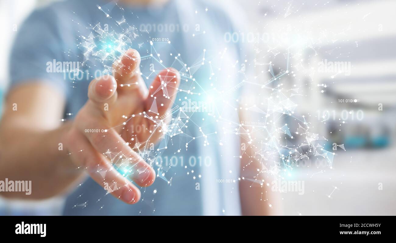 Businessman on blurred background using digital binary code connection ...