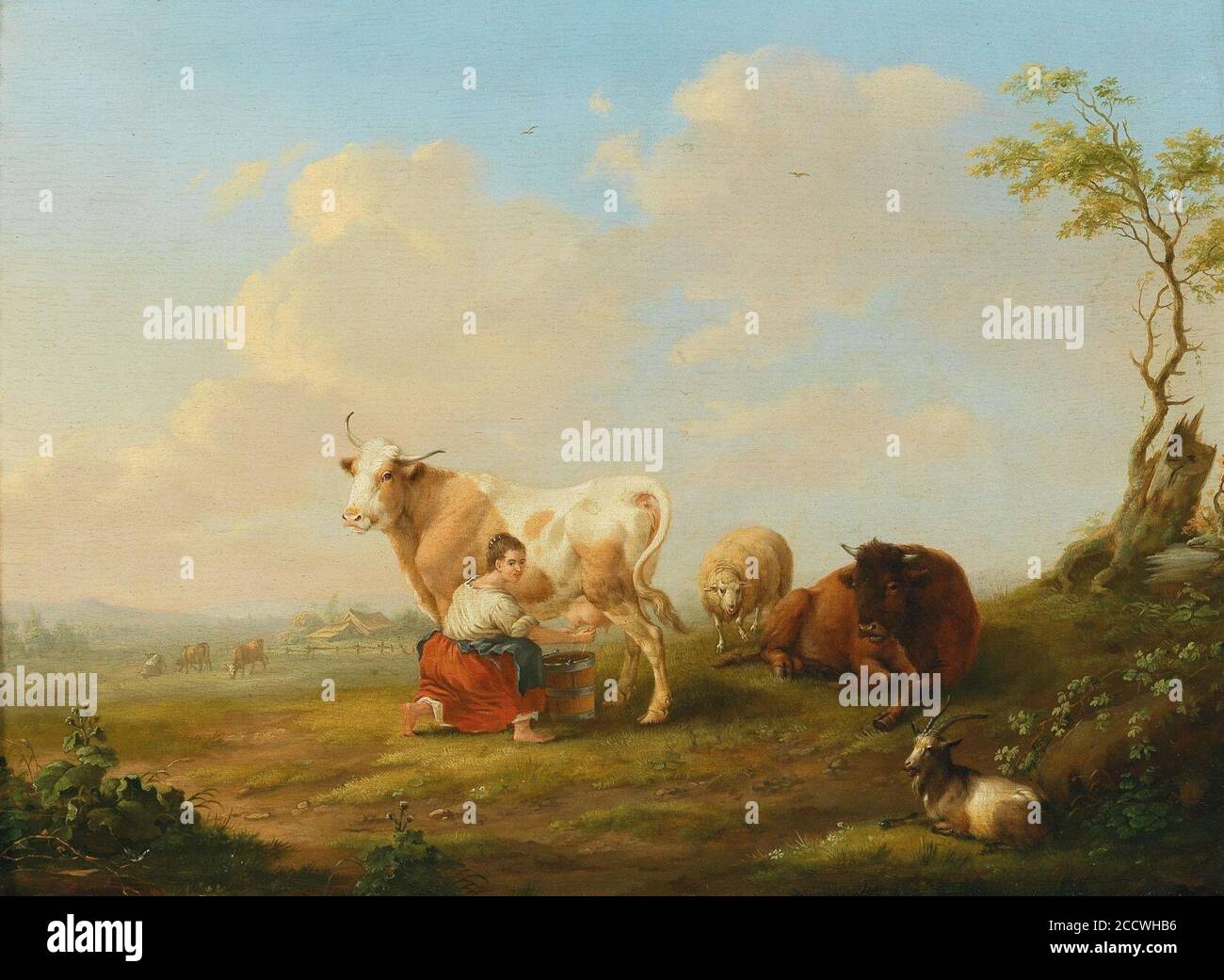 Johann Georg Pforr - A landscape with a young woman milking a cow Stock ...