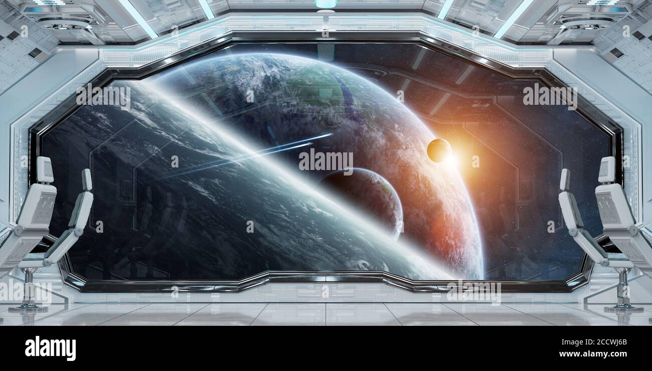 White clean spaceship interior with view on distant planets system 3D ...