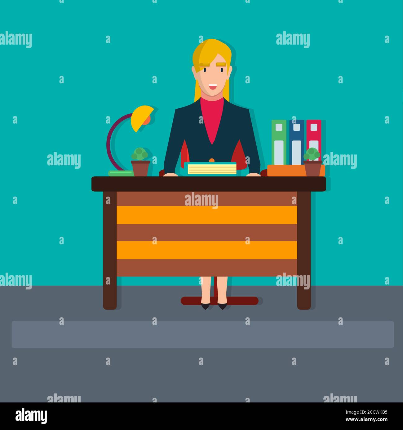 female secretary sitting behind the desk vector illustration in flat ...
