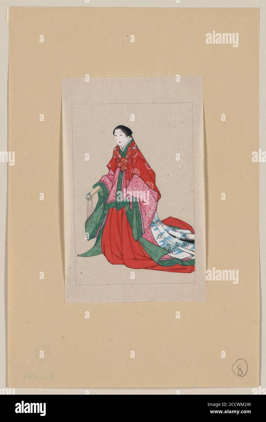 Japanese woman, full-length, standing, facing left, wearing robes of a ...