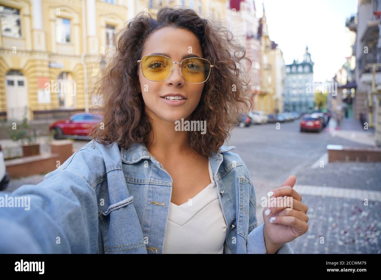 Woman recording vlog hi-res stock photography and images - Alamy
