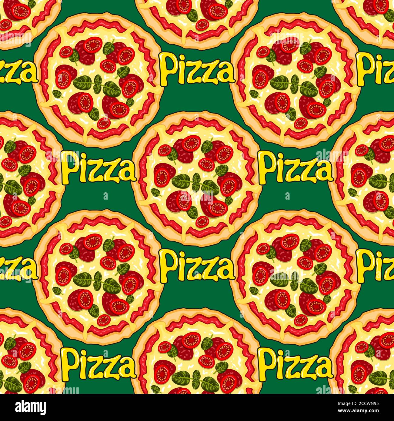 seamless pattern of pizza cartoon letters on a green background. Vector ...