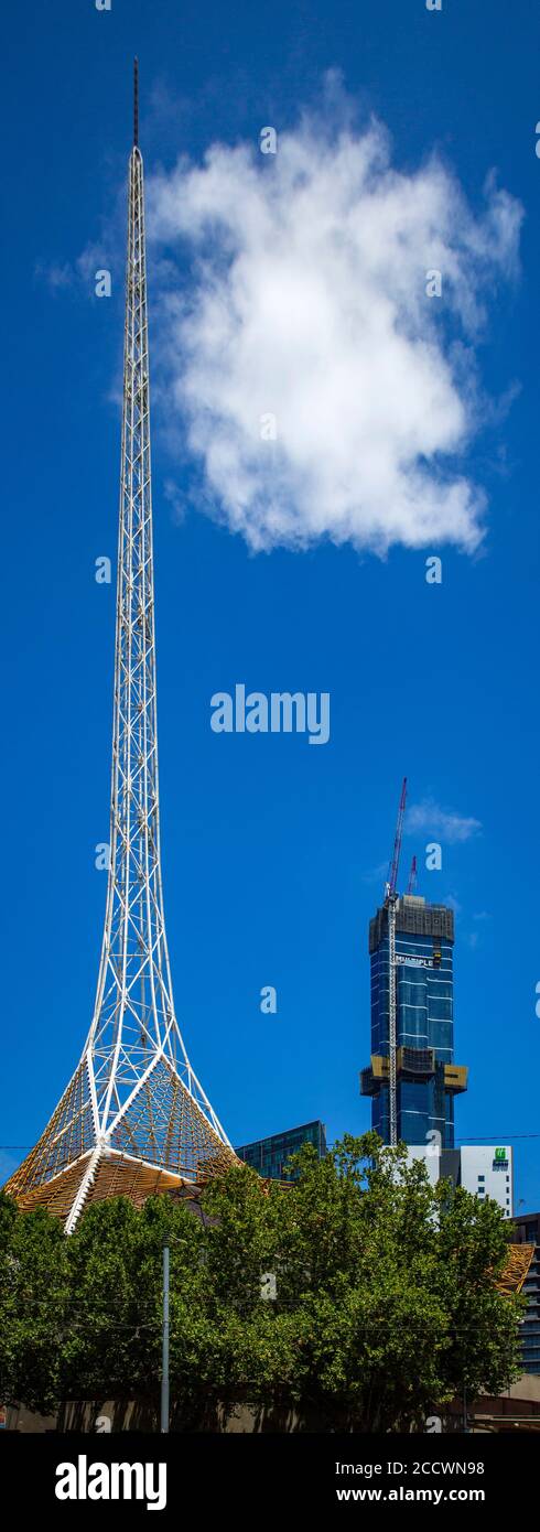 View of the 162m steel spire wrapping around the Arts Centre Complex in ...